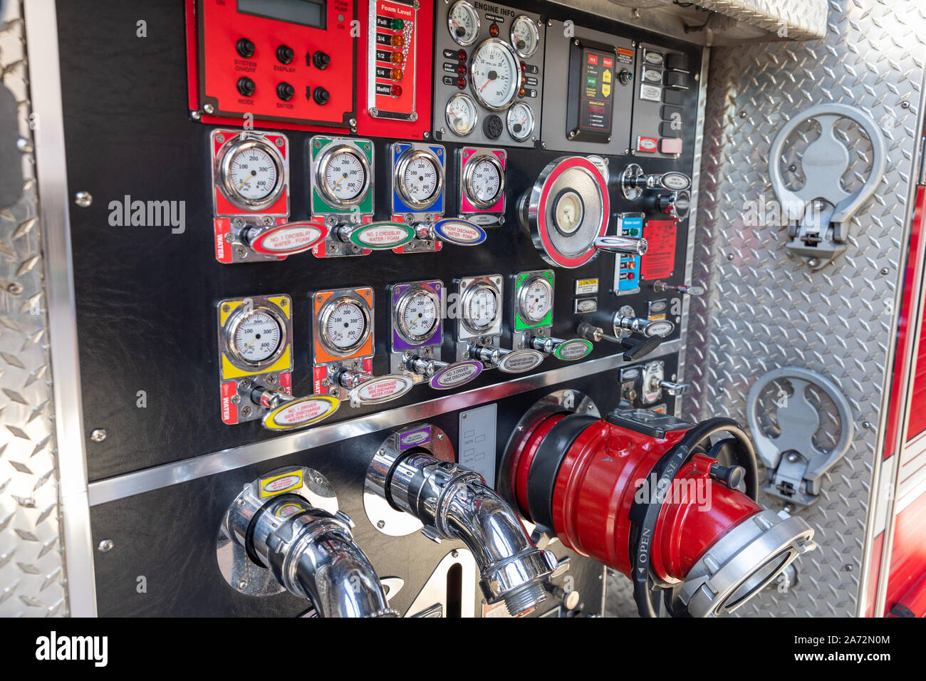 Valves and pump panel on the side of a red fire truck Stock Photo - Alamy