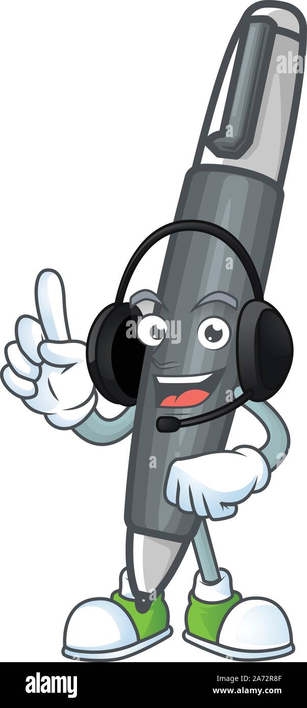 With headphone black ballpoint cartoon character with mascot Stock ...