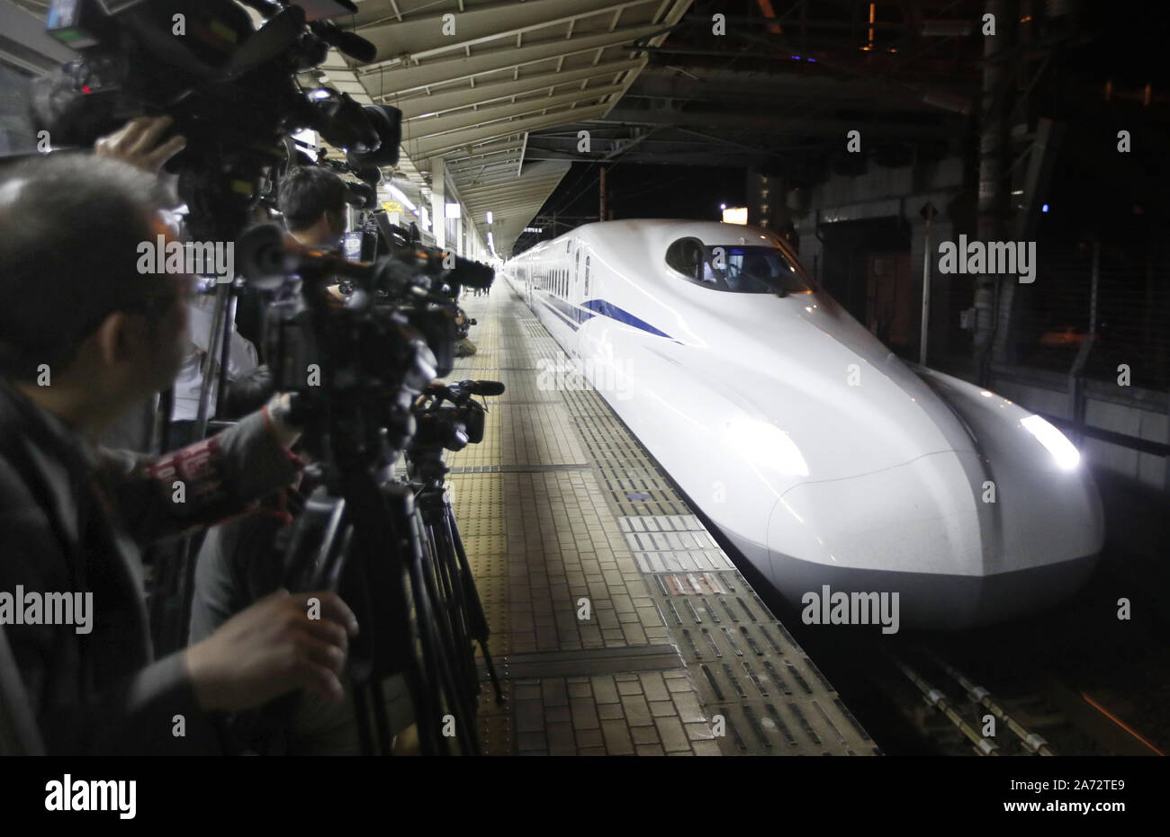 Photo taken on June 6, 2019, shows an N700S Tokaido Shinkansen bullet train entering Maibara ...