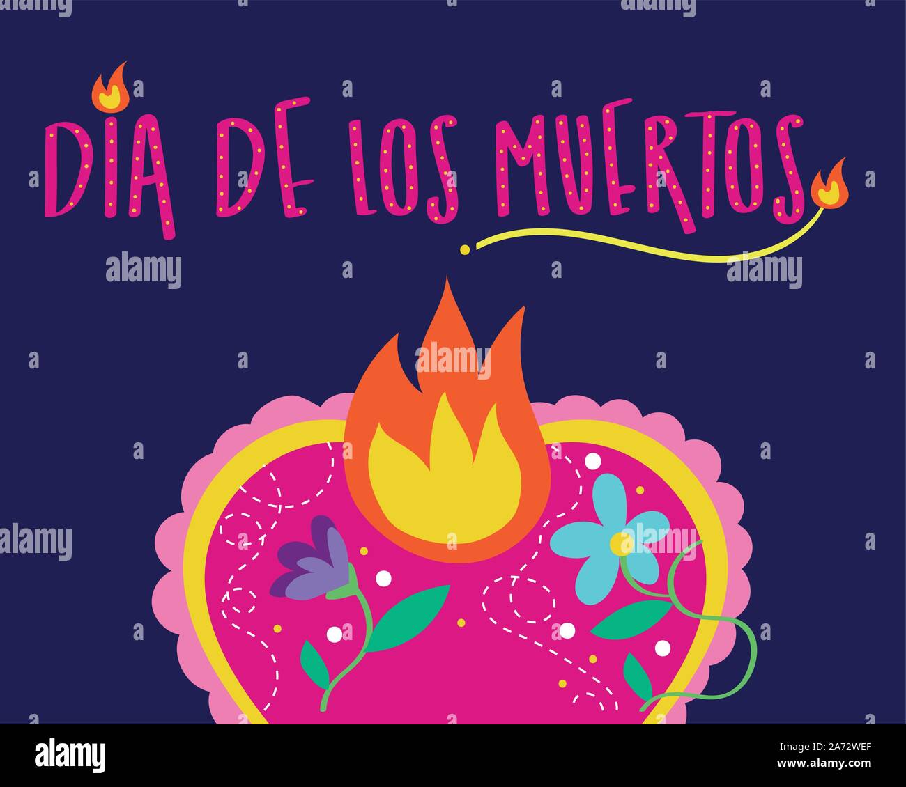 dia de los muertos card lettering with heart and flowers Stock Vector ...