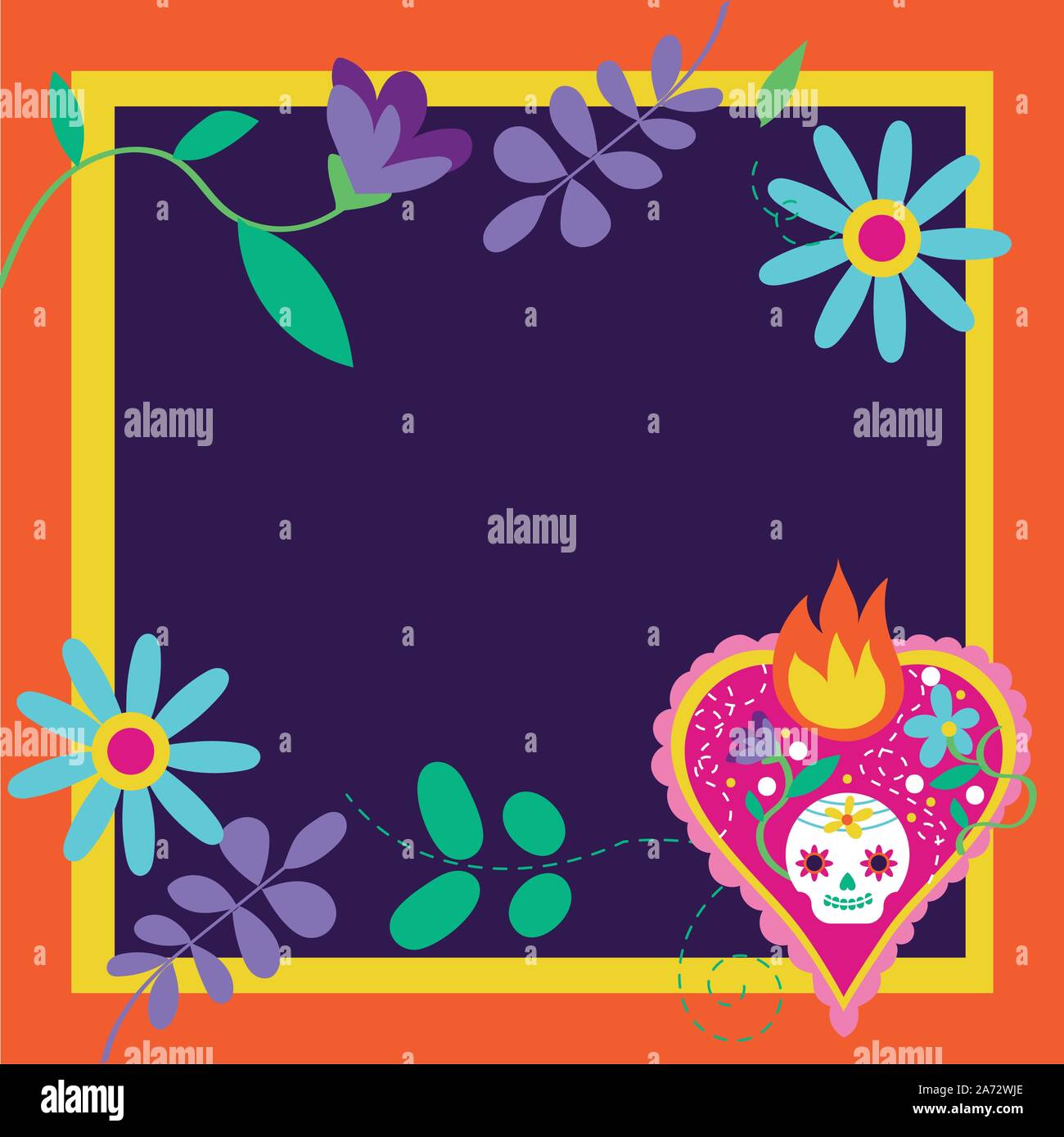 dia de los muertos card with heart flame and flowers frame Stock Vector ...