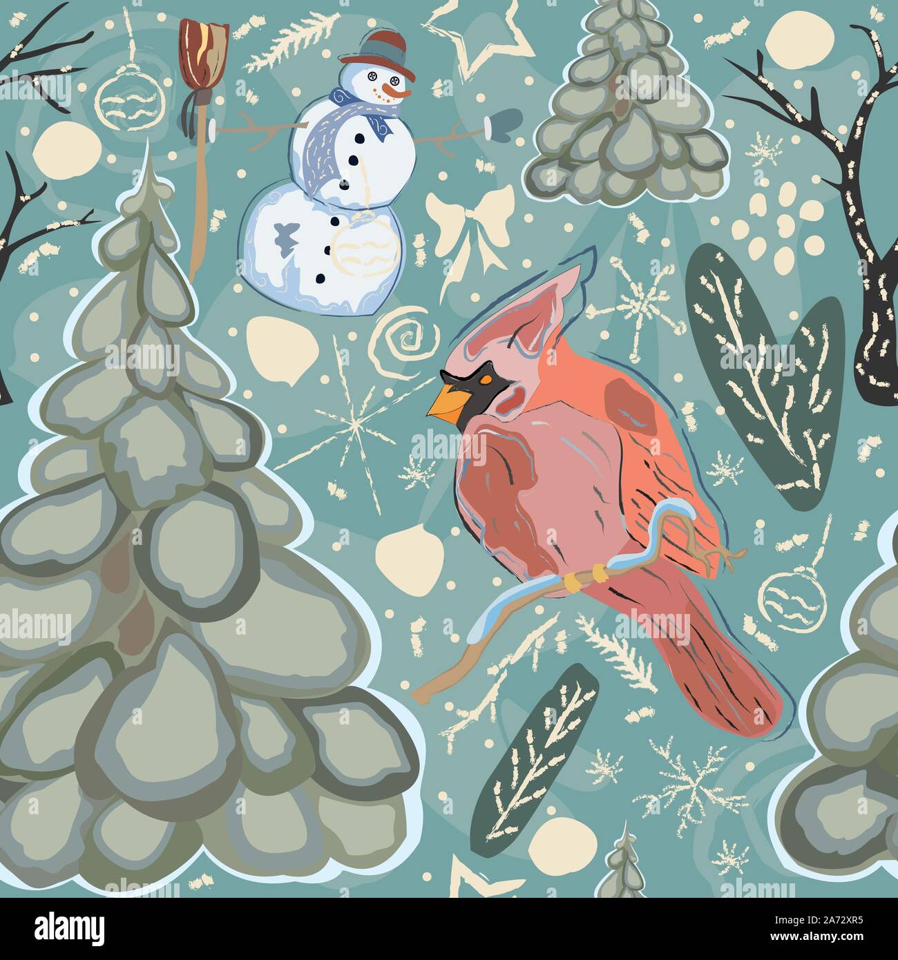 Seamless Winter Pattern with cute Cardinal Bird, Snowman and Spruce ...