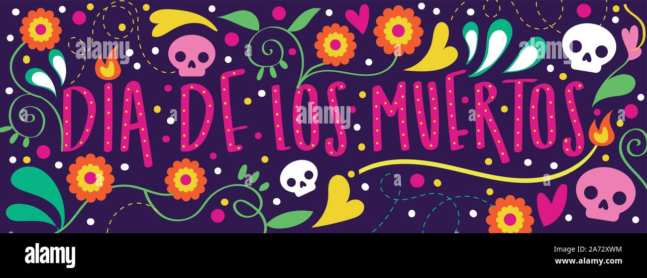 dia de los muertos card with calligraphy and floral decoration Stock ...
