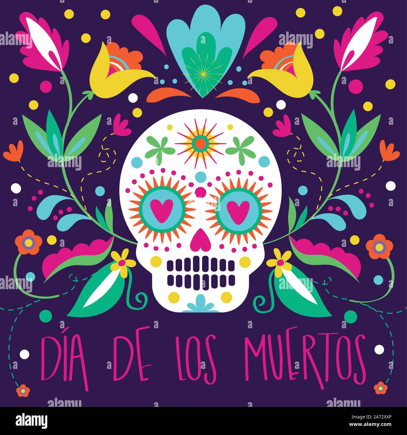 dia de los muertos card with skull and floral decoration Stock Vector ...
