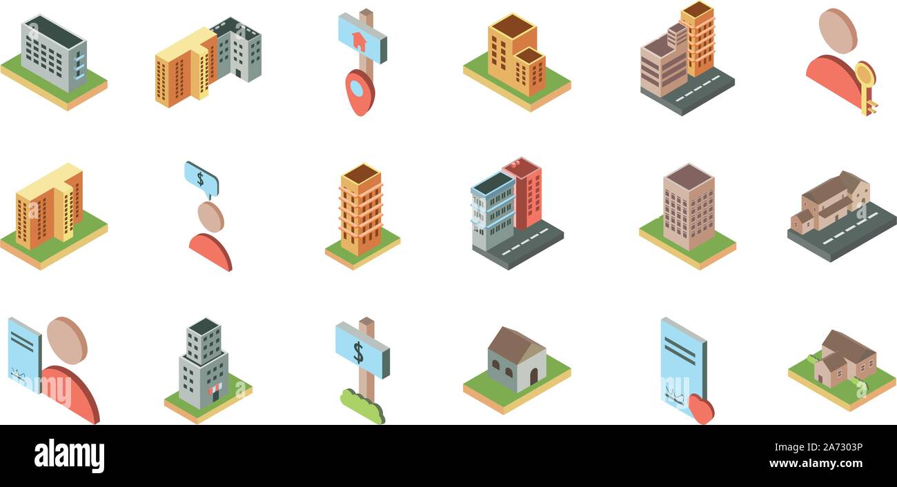isometric buildings real estate location icons set vector illustration ...