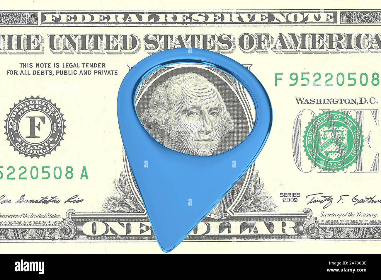 3D illustration of location icon on One Dollar bill as a background ...