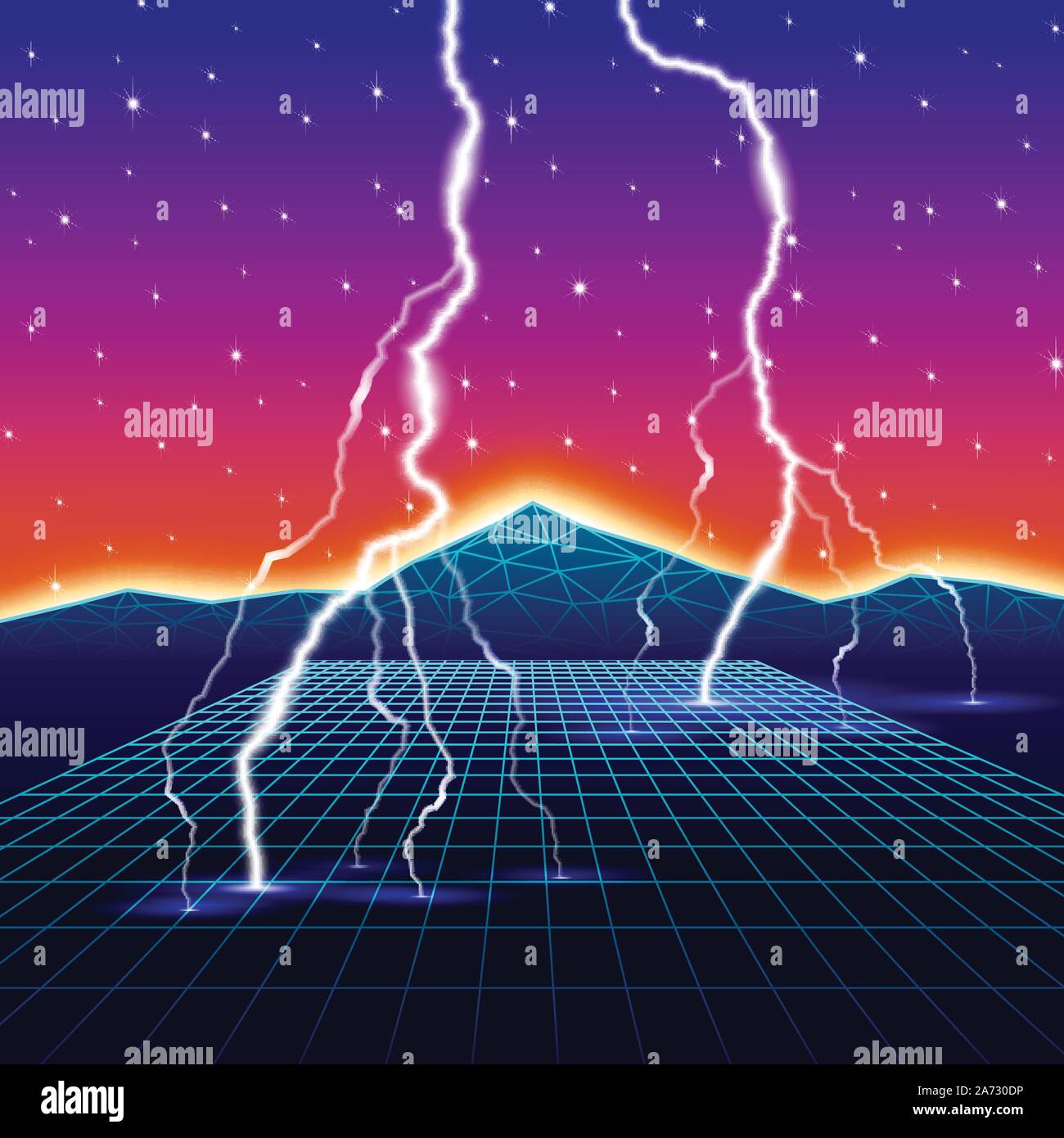 Neon new retro wave computer landscape with lightning Stock Vector ...