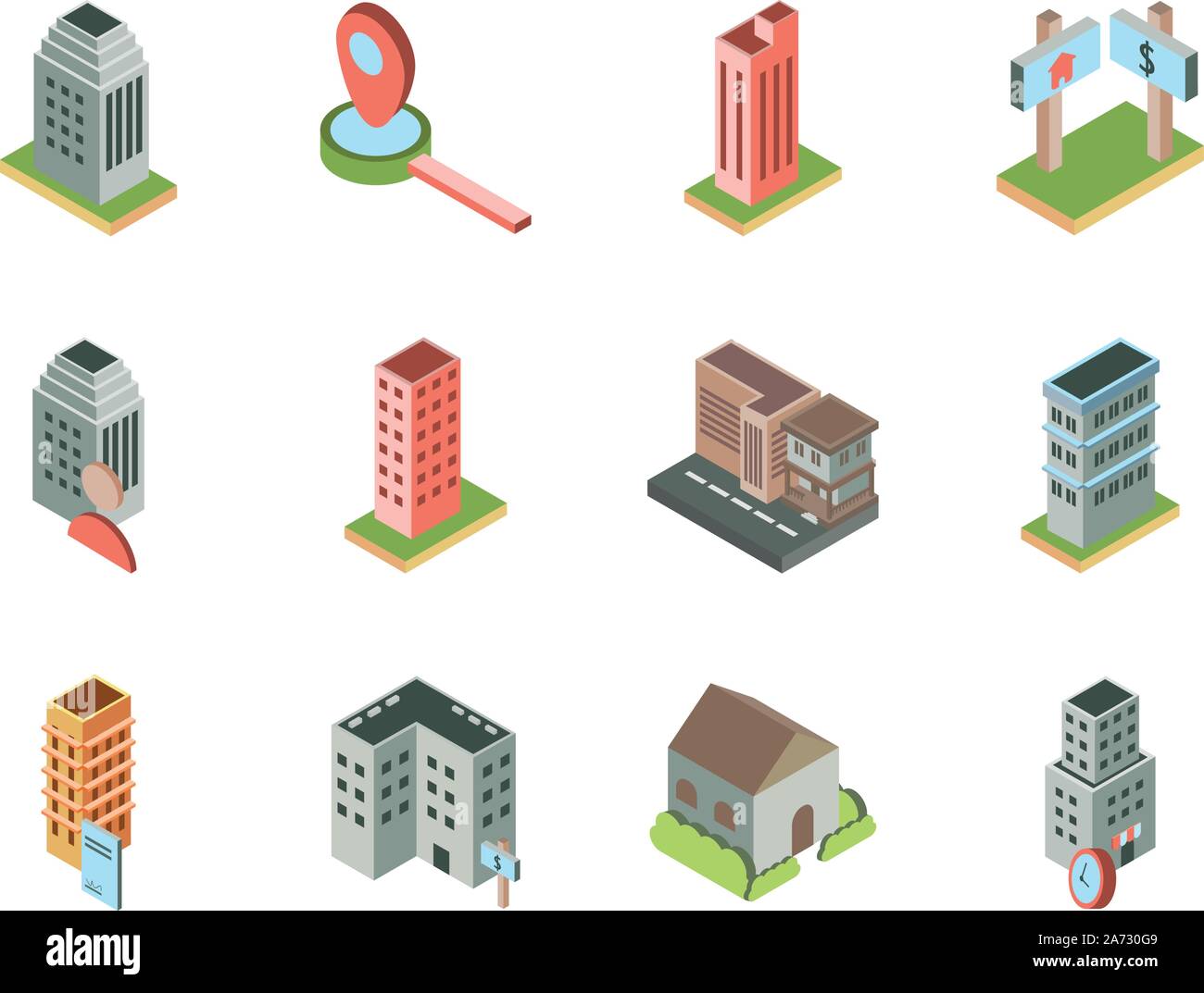 isometric buildings real estate location icons set vector illustration ...