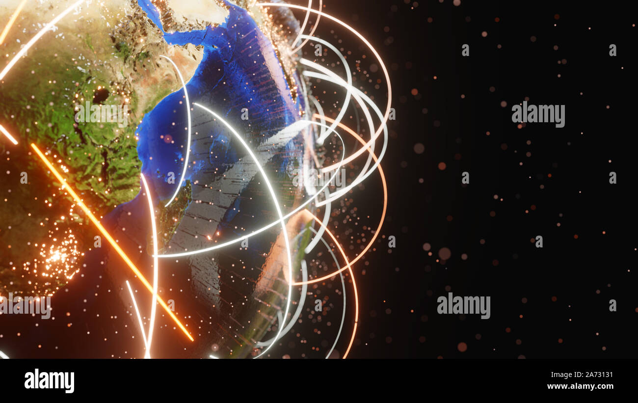 Connection curves and dots around Earth globe, Futuristic technology ...
