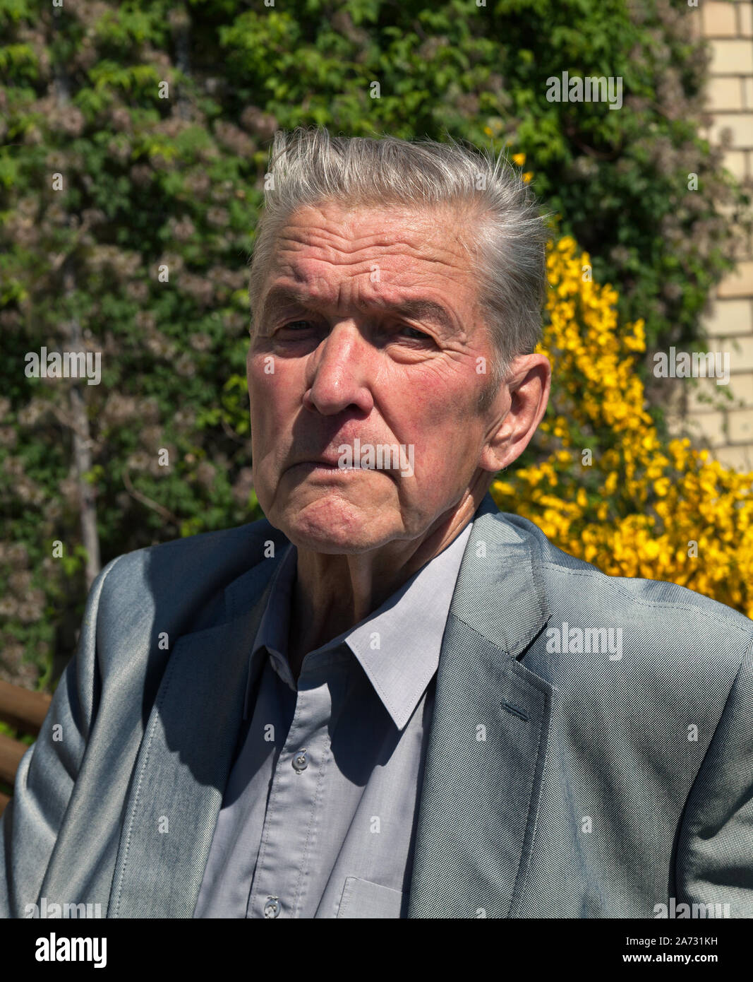 Happy old man in yard at the his house Stock Photo - Alamy