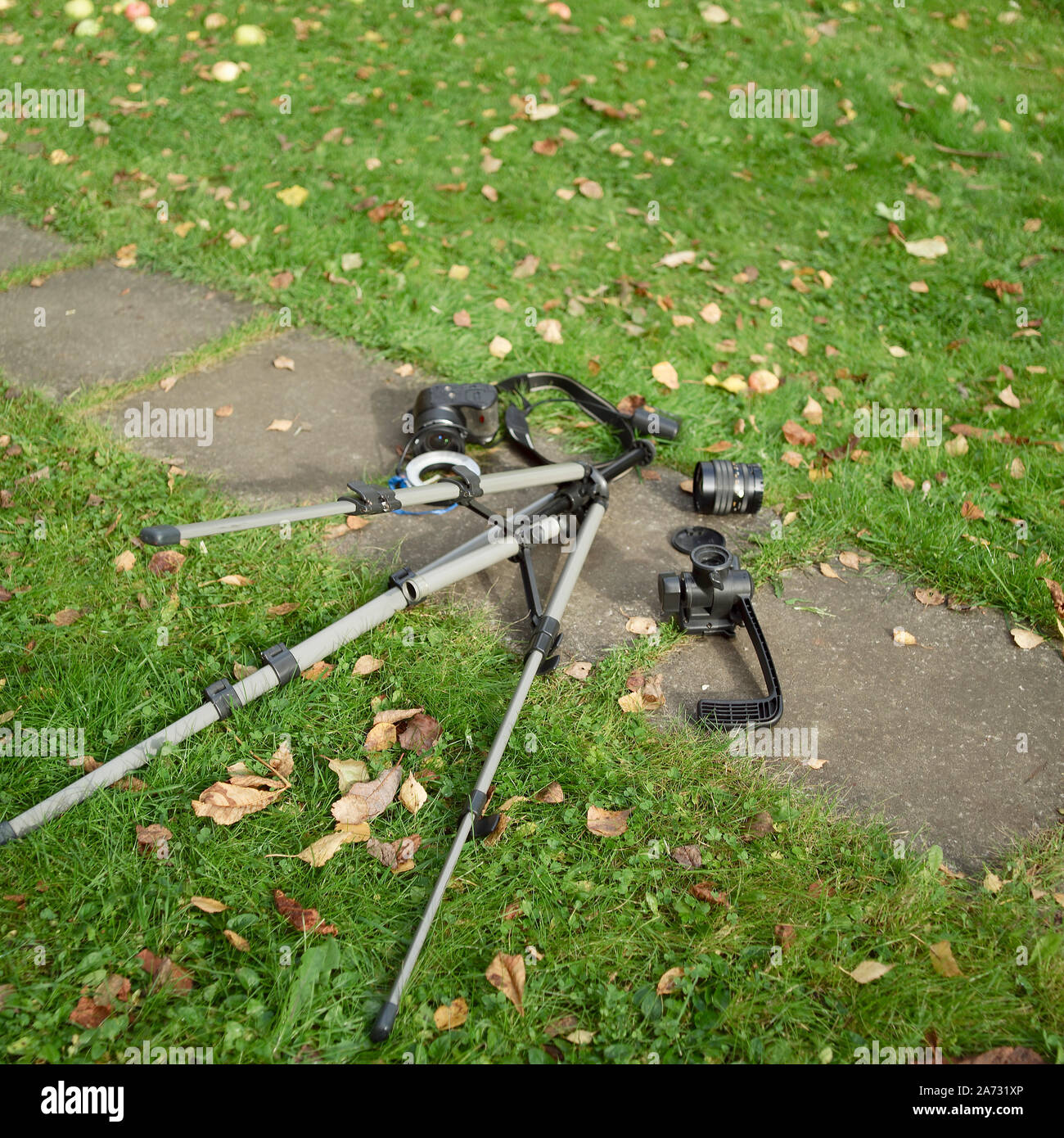 Crashed tripod and photographer equipment on the ground, outdoor square ...