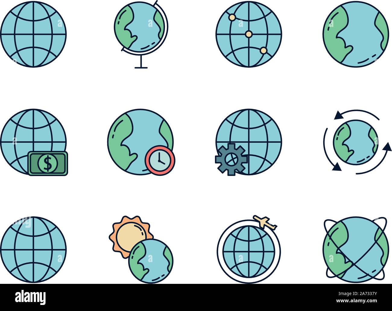 world map global icons set line filled vector illustration Stock Vector ...