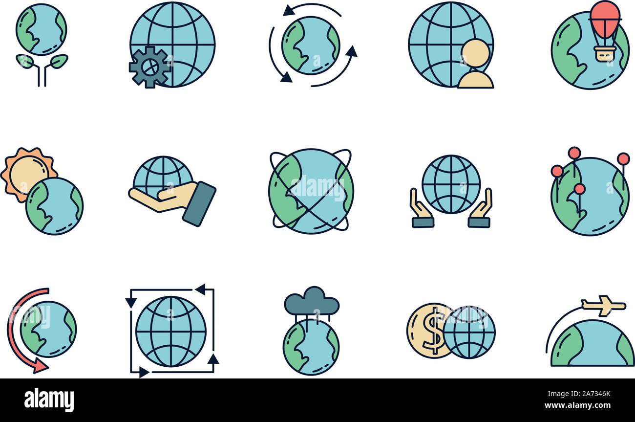 world map global icons set line filled vector illustration Stock Vector ...