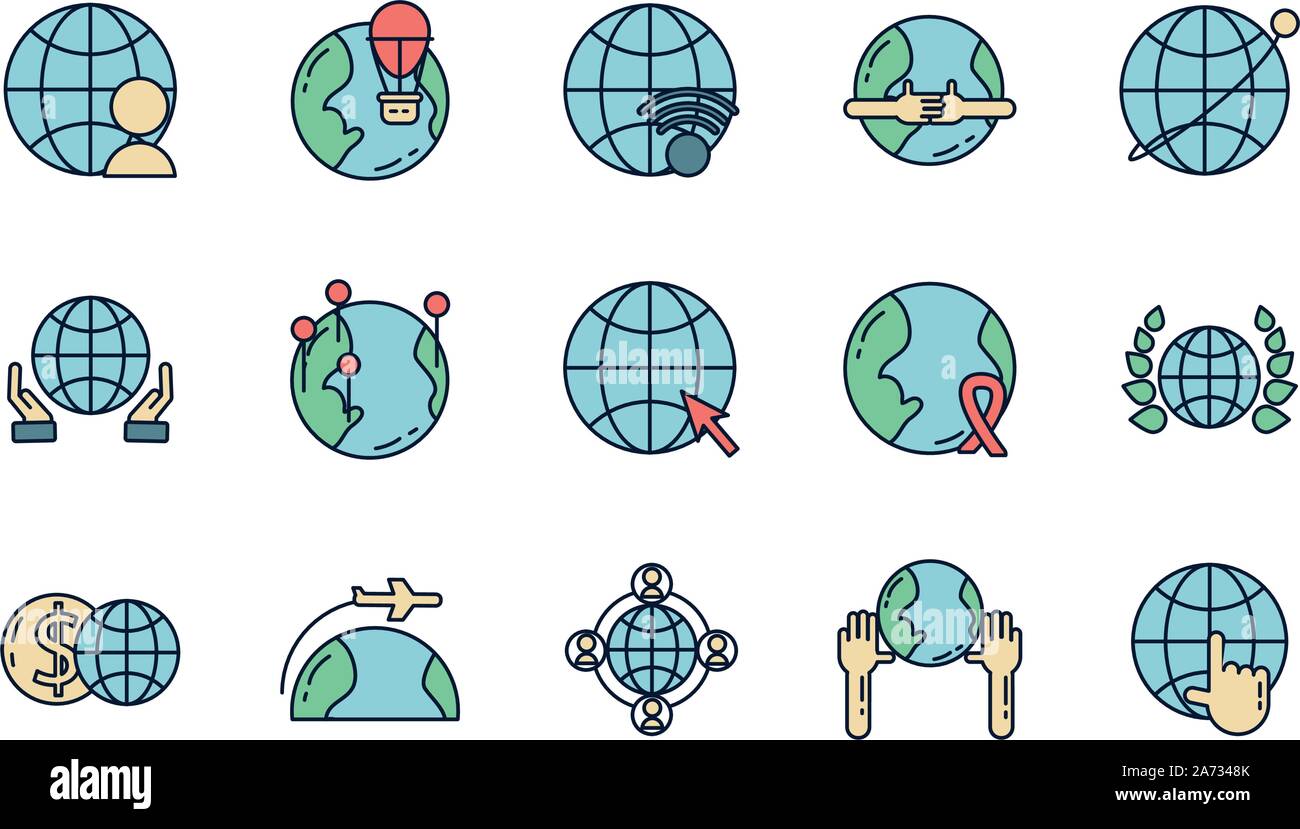 world map global icons set line filled vector illustration Stock Vector ...
