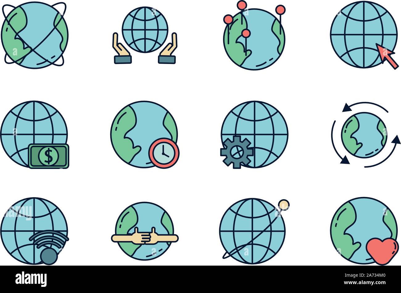 world map global icons set line filled vector illustration Stock Vector ...
