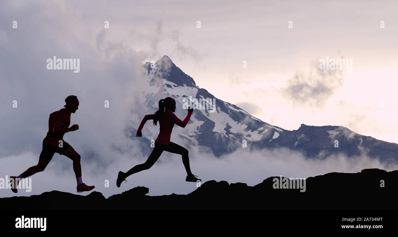 Running people athletes silhouette trail running in mountain summit ...