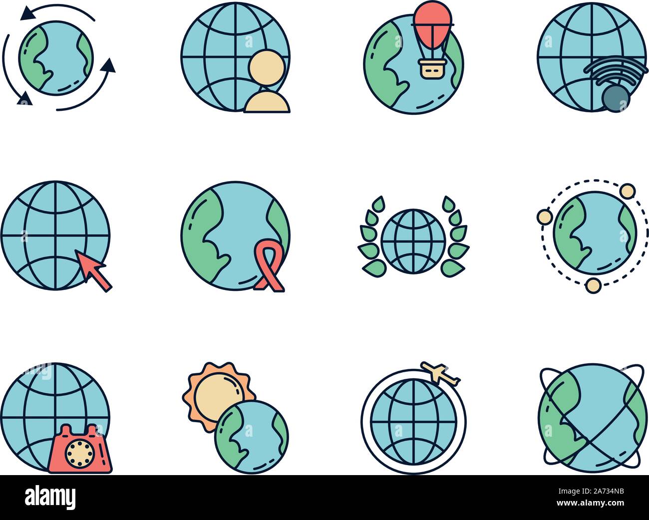 world map global icons set line filled vector illustration Stock Vector ...