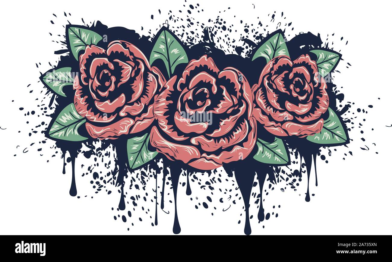 Retro stylized roses with grunge splatters, sketch style illustration ...