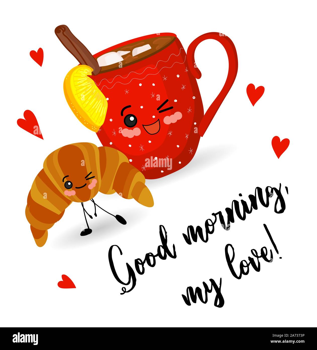 Kawaii cups.characters with chocolate and marshmallows. Greeting card ...