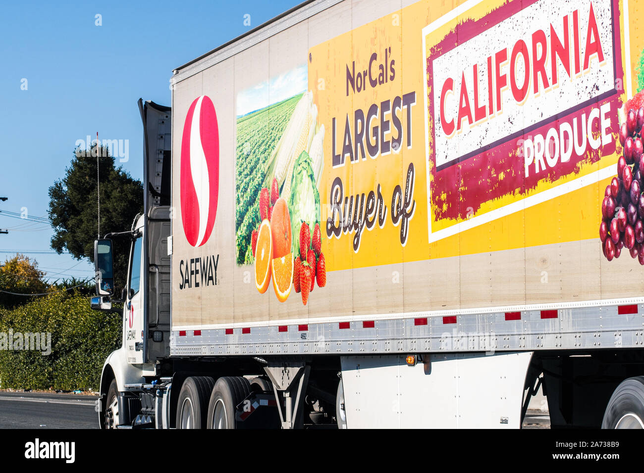 Oct 20, 2019 San Jose / CA / USA - Safeway truck driving on the freeway ...