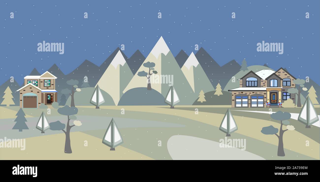 Winter Snowy Landscape with houses, trees and mountains. Suburban ...