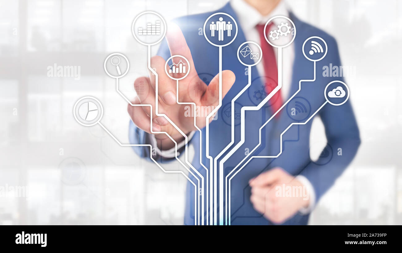 Business applications icons on blurred background. Financial and ...