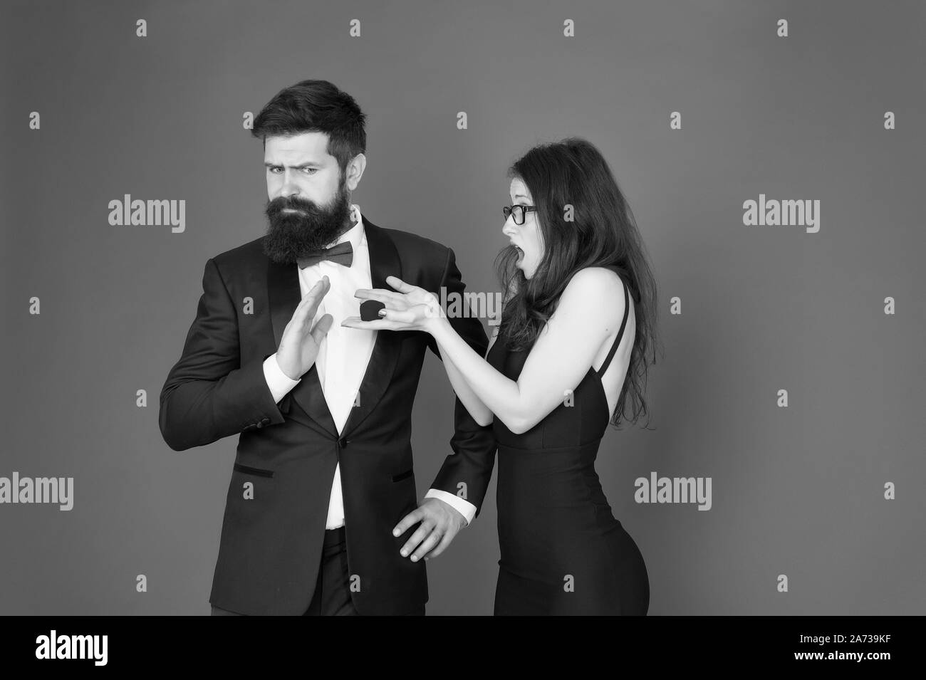 Engagement concept. Rejected offer. Couple in love celebrate ...