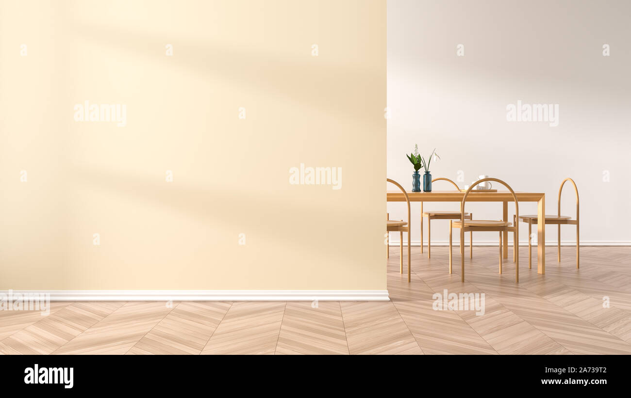 Empty wall mock up in modern dining room with wooden chair and table ...