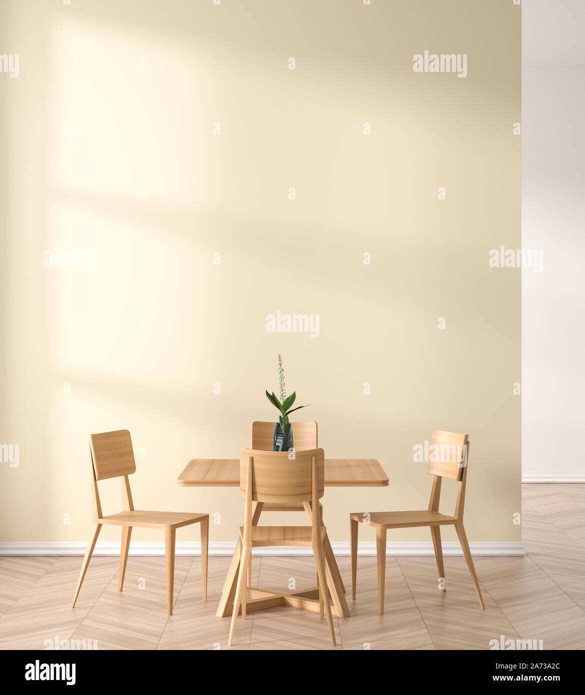 Empty wall mock up in modern dining room with wooden chair and table ...