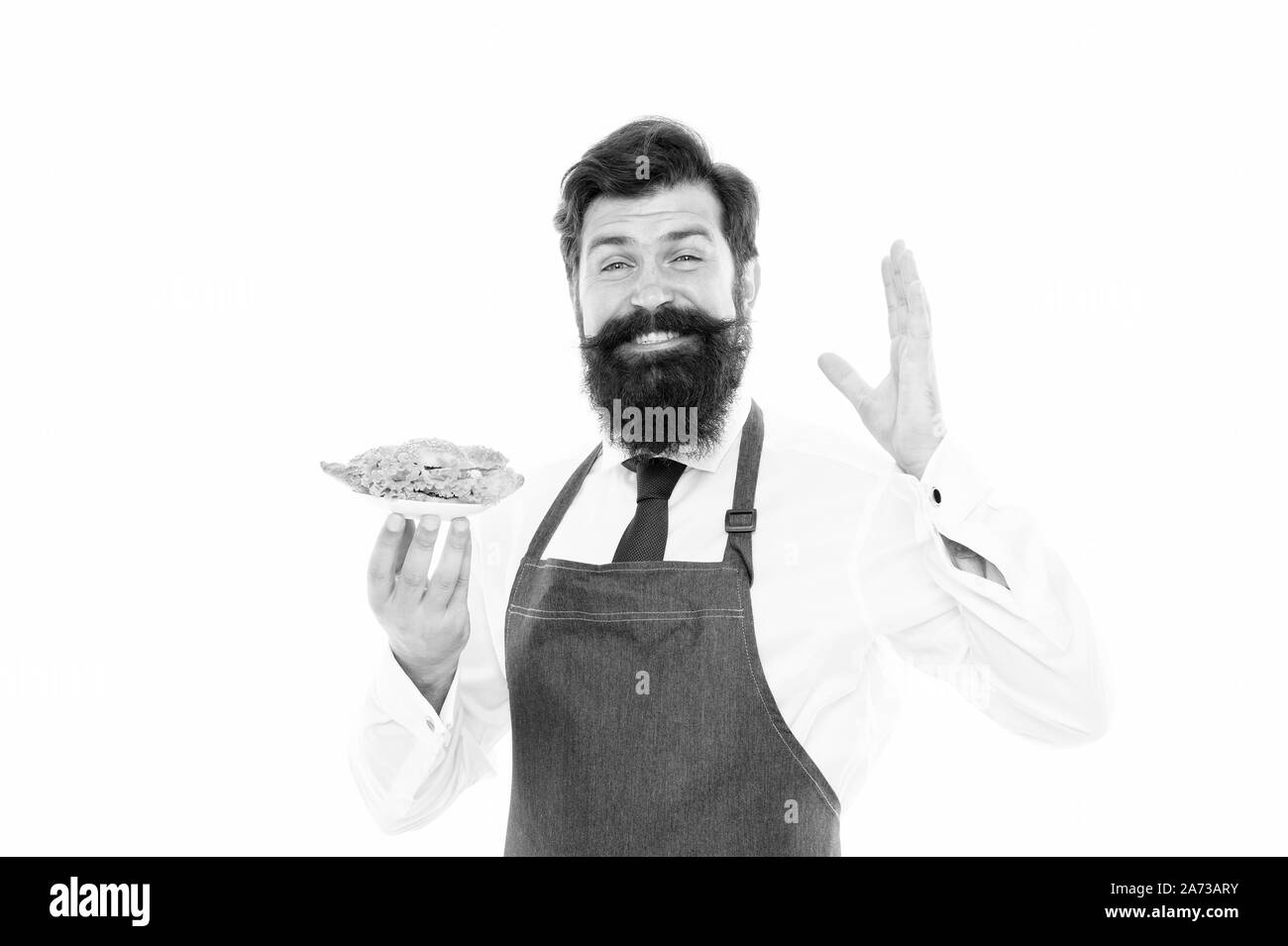 Delicious croissant. Man bearded waiter wear apron carry plate with ...