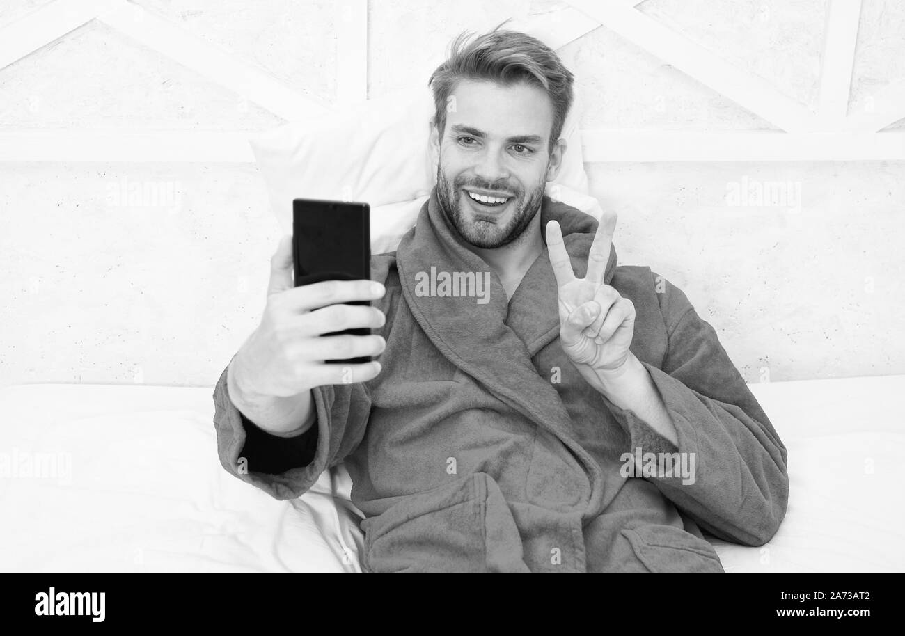 Selfie Star Happy Man Taking Selfie With Smartphone In Bed Handsome