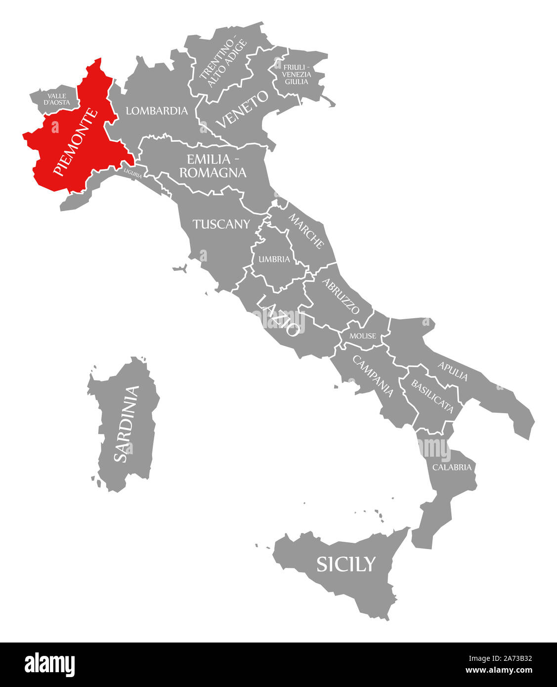 Piedmont red highlighted in map of Italy Stock Photo - Alamy