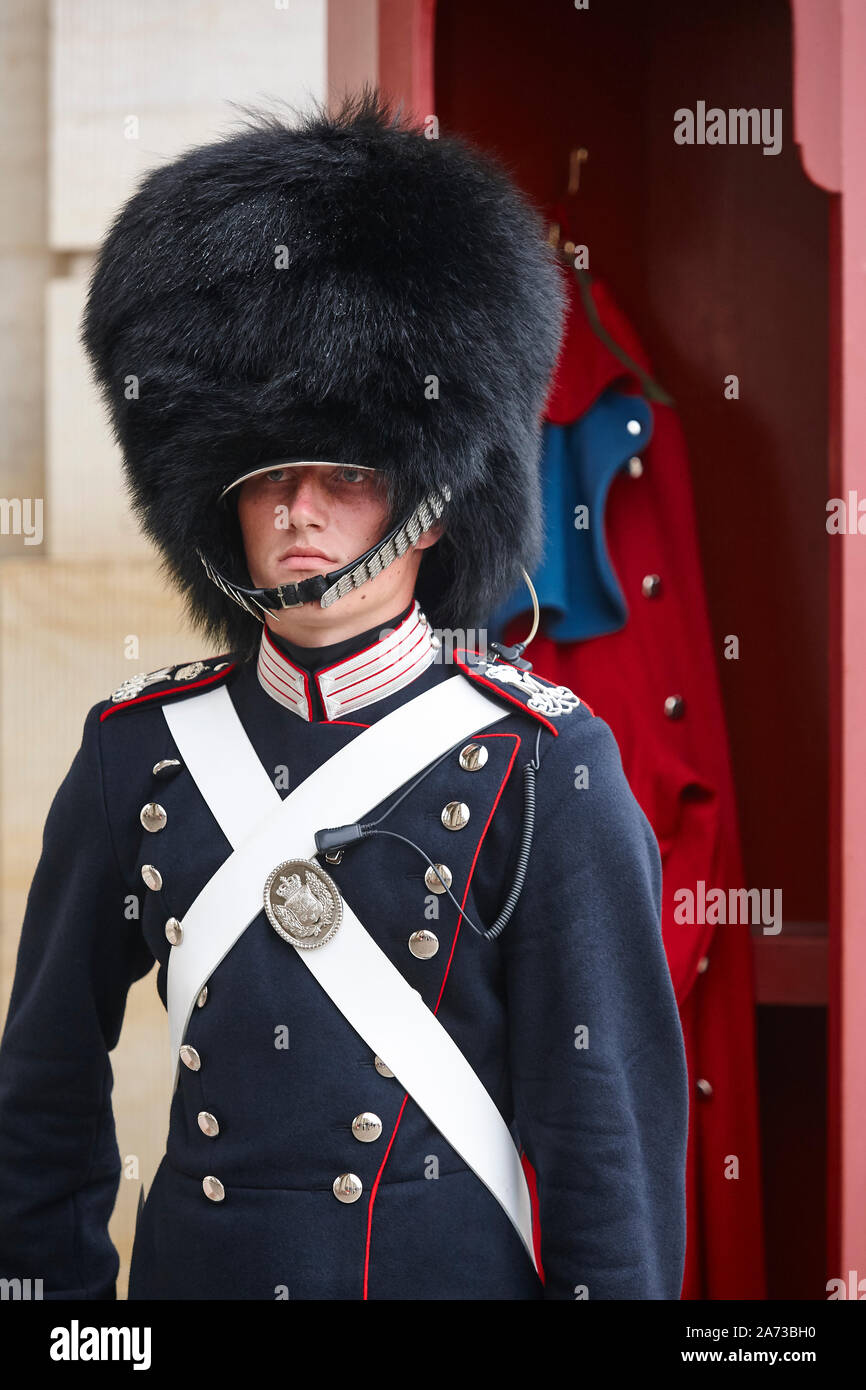Denmark royal guard sentinel. Copenhaguen tourism landmark ceremonial ...