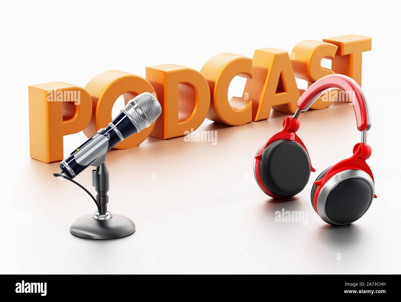 Podcast word, microphone and headphones standing on black surface. 3D ...