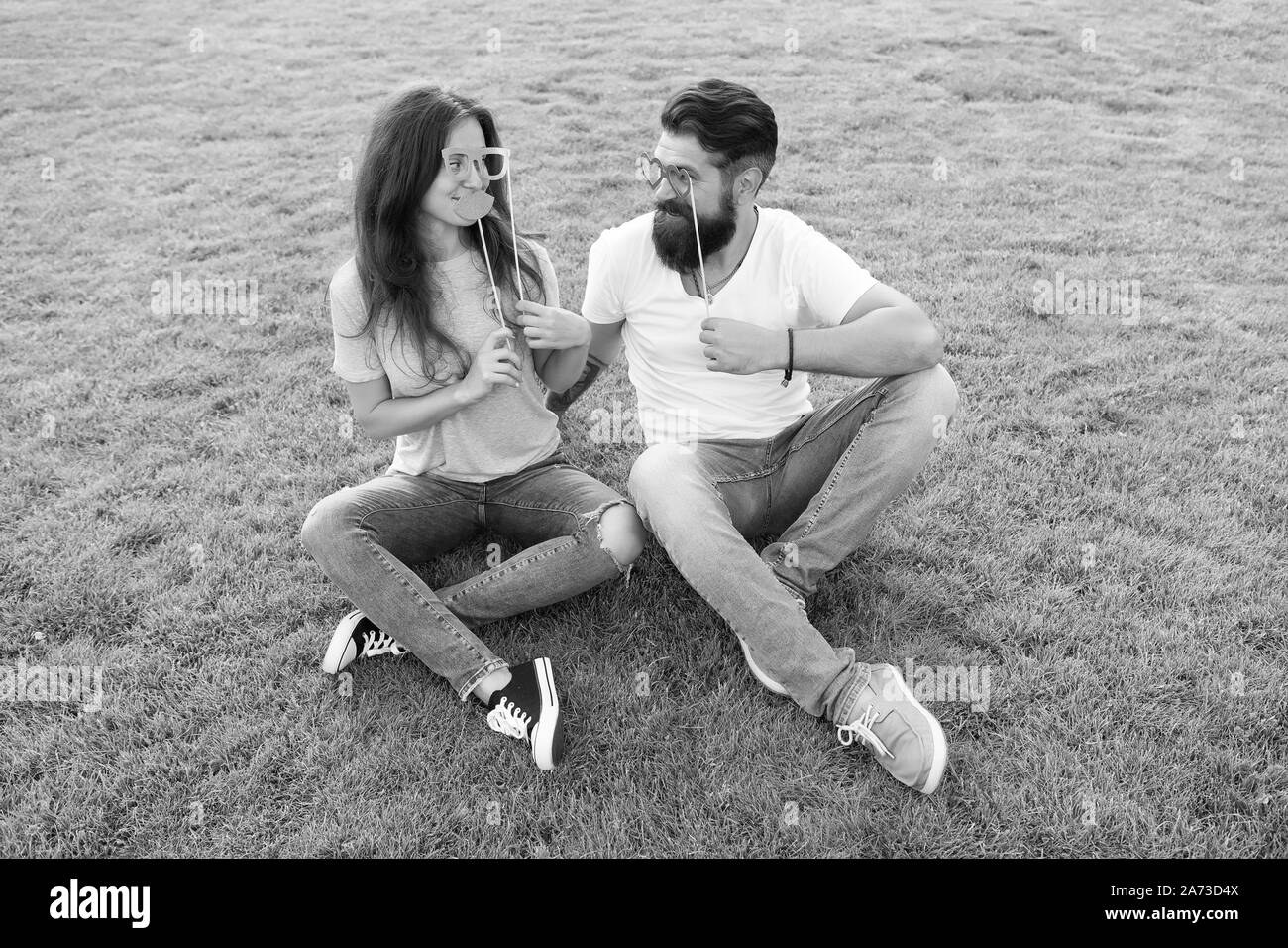 Couple in love cheerful youth booth props. Couple dating. Carefree ...