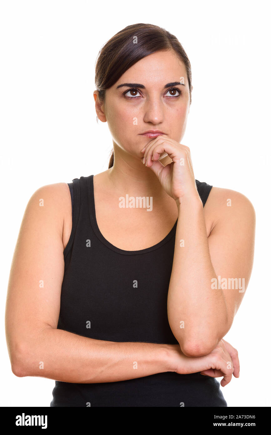 Close up of beautiful woman thinking while looking up Stock Photo - Alamy