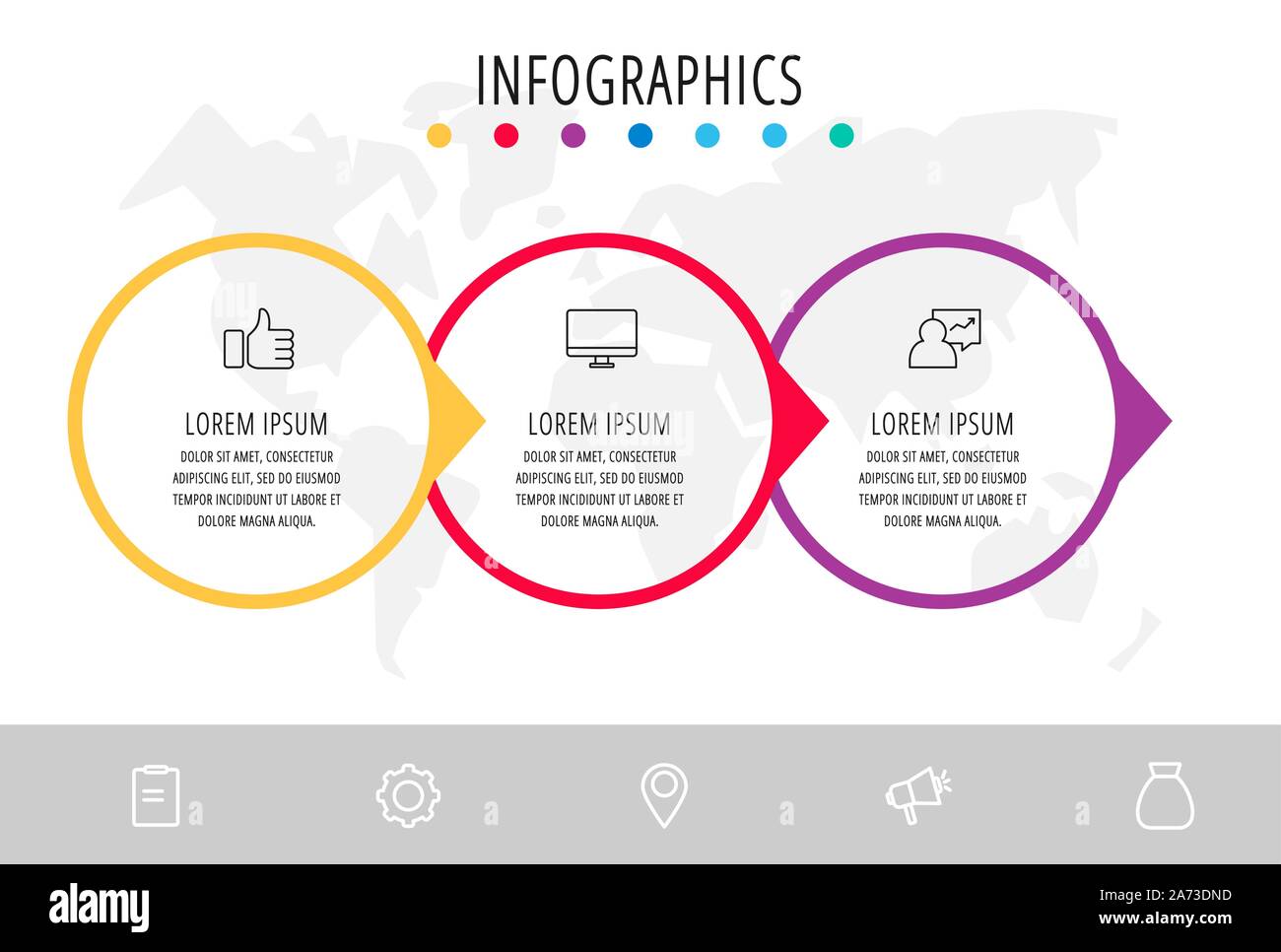 Vector infographic flat template. Circles with arrow for three diagrams, graph, flowchart ...