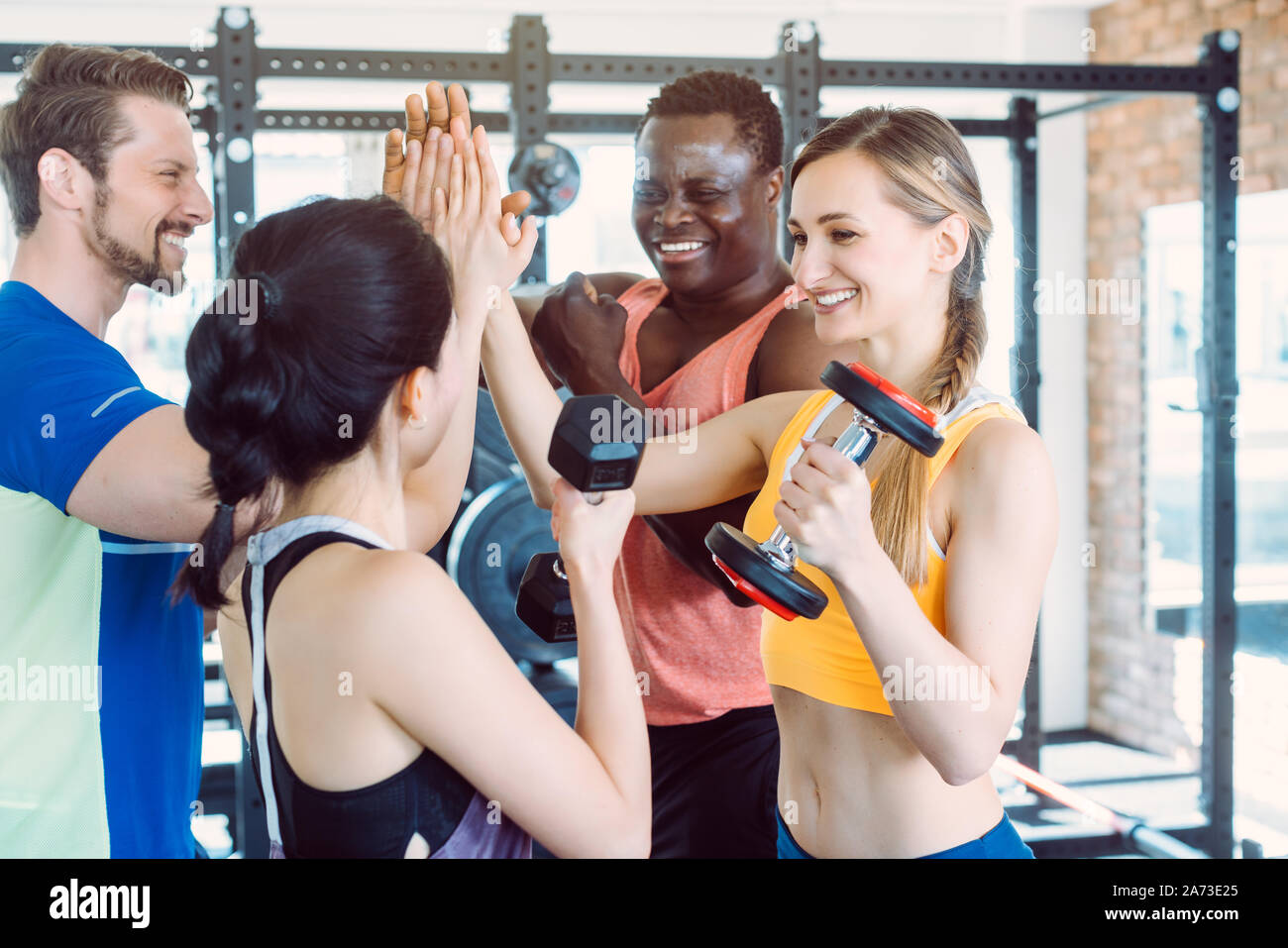 Four friends in the gym having fun Stock Photo - Alamy
