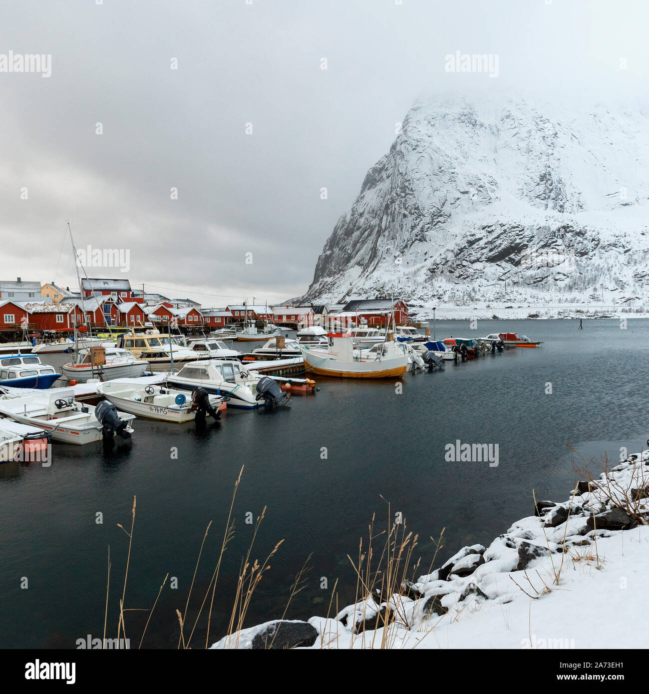 Red houses of Reine and Reinebringen mountain, Lofoten, Norway Stock ...