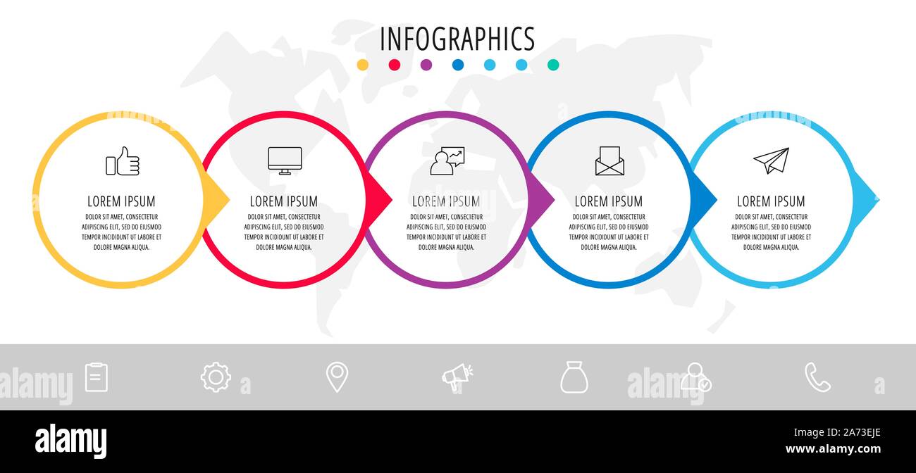 Vector infographic flat template. Circles with arrow for five diagrams, graph, flowchart ...