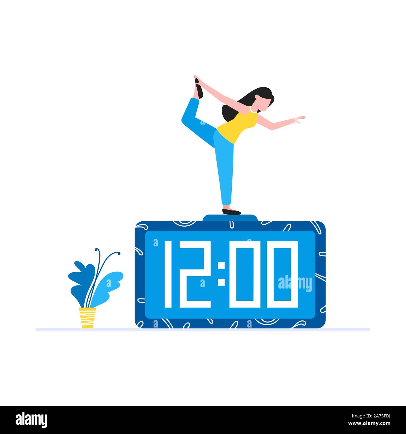 Young woman standing in yoga pose on the clock. Time management balance ...