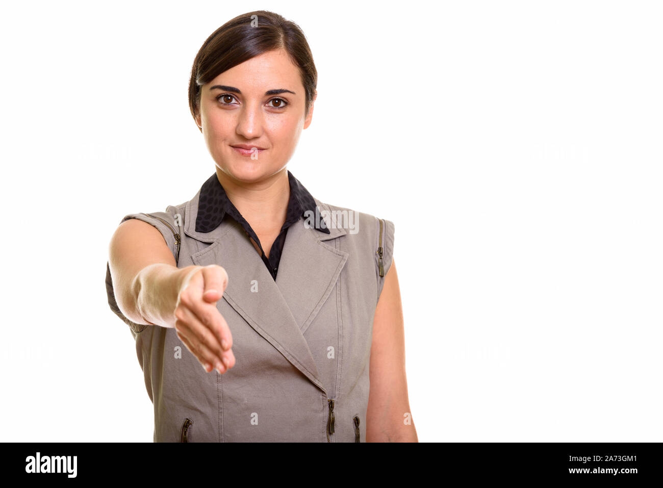 Portrait of young beautiful businesswoman giving handshake Stock Photo ...