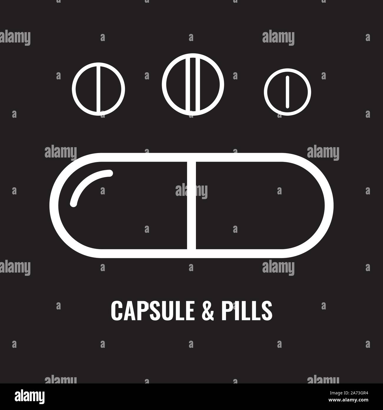 Set of Capsule pill line icon. Solid fish oil pill or capsule with thin ...
