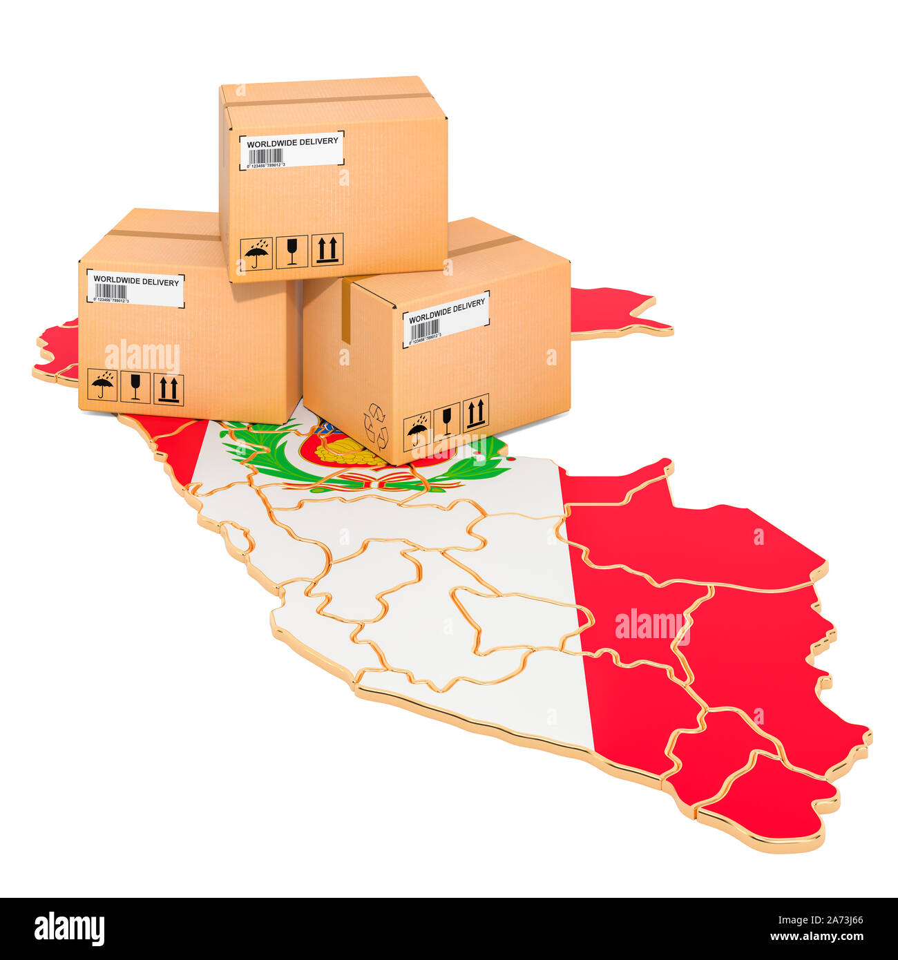 Parcels on the Peruvian map. Shipping in Peru, concept. 3D rendering ...