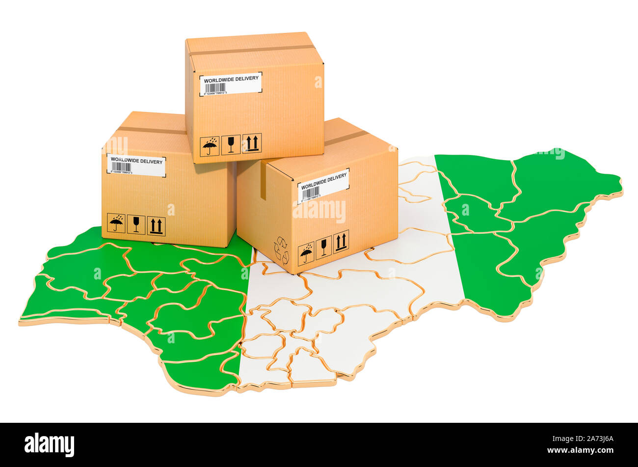 Parcels on the Nigerian map. Shipping in Nigeria, concept. 3D rendering isolated on white ...