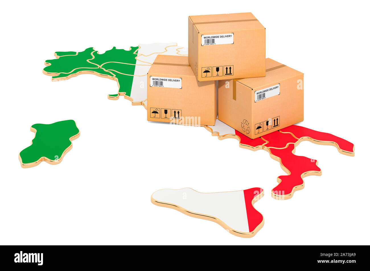 Parcels on the Italian map. Shipping in Italy, concept. 3D rendering isolated on white ...