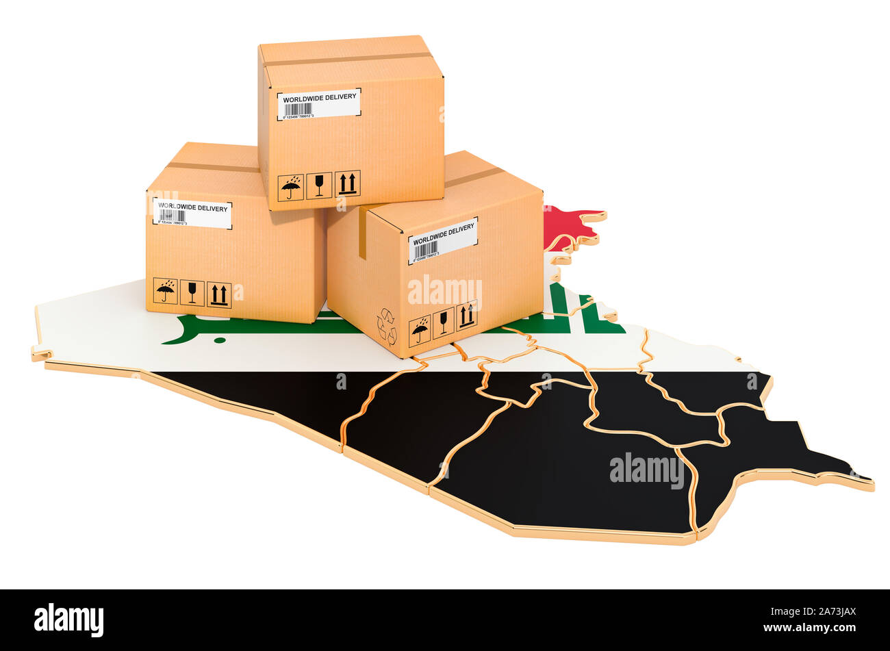 Parcels on the Iraqi map. Shipping in Iraq, concept. 3D rendering ...
