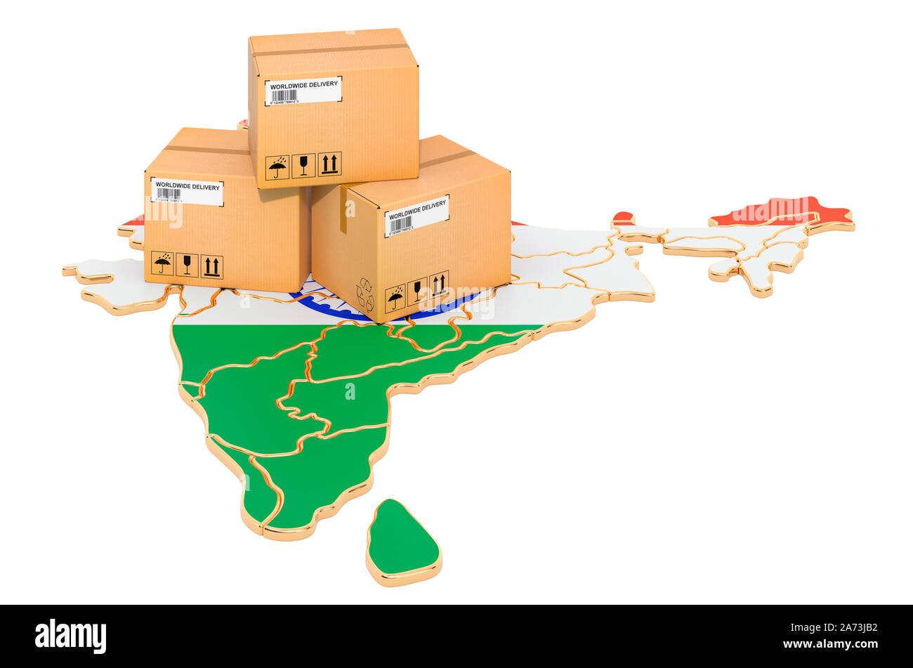 Parcels on the Indian map. Shipping in India, concept. 3D rendering ...