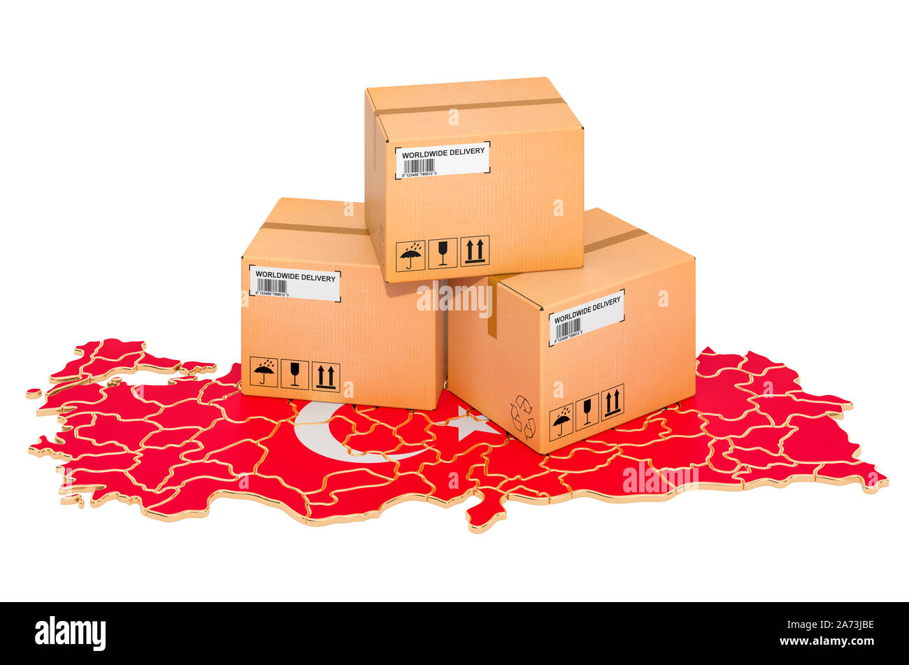 Parcels on the Turkish map. Shipping in Turkey, concept. 3D rendering ...