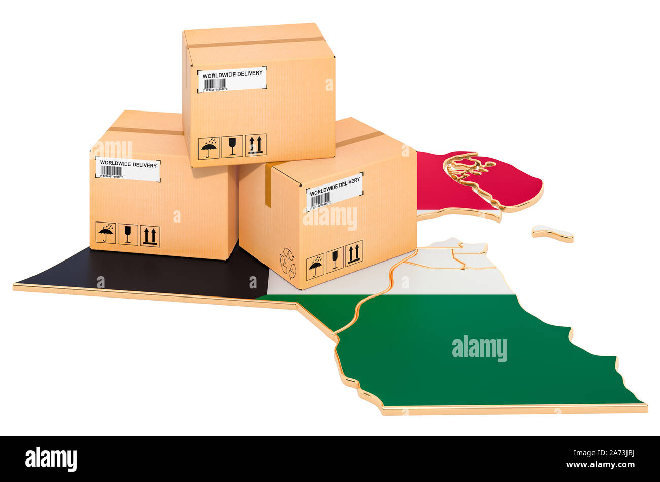 Parcels on the Kuwaits map. Shipping in Kuwait, concept. 3D rendering ...